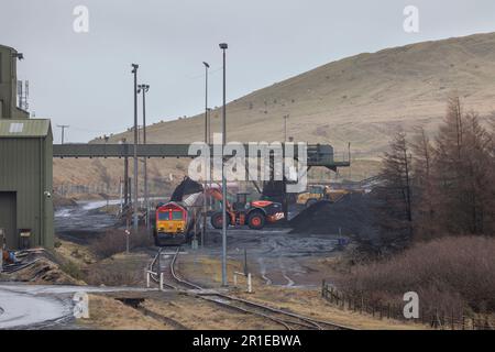 Loading a DB Cargo rail UK freight train at Cwmbargoed disposal point ...