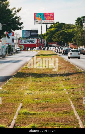 old train tracks run down a highway median strip in Merida, Mexico ...