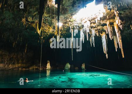 a swimmable cenote – a natural underground pool caused by a sinkhole in ...