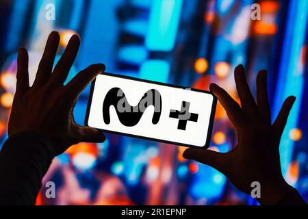 In this photo illustration, the Movistar Plus logo is displayed on a ...