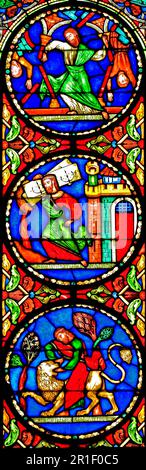 Stained Glass window, Story of Samson, killing a lion, striding away ...