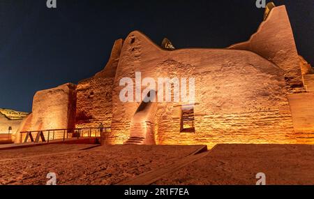 Diriyah illuminated old town walls, At-Turaif district complex at night ...