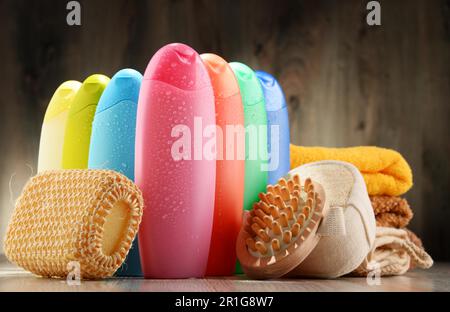 Plastic bottles of body care and beauty products Stock Photo - Alamy