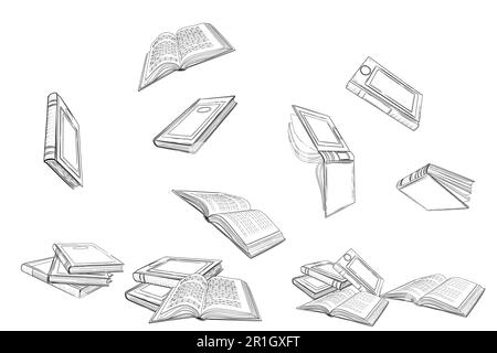 Different books falling from the top vector illustration on white ...