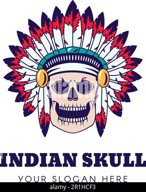 Indian chief skull in indigenous headdress of eagle feathers, dead head ...