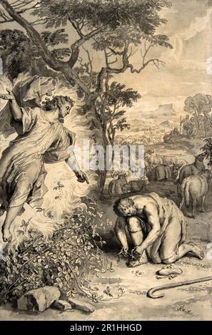 Moses and the burning bush. Story of book of exodus in bible. The shrub ...