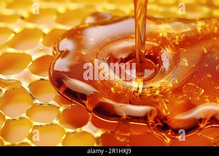 Macro detailed golden honey. Liquid sticky texture. Honey flow from the ...