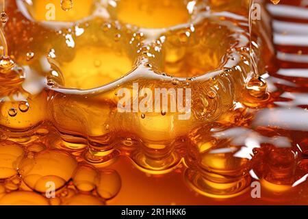 Macro detailed golden honey. Liquid sticky texture. Honey flow from the ...