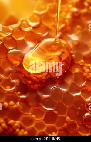 Macro detailed golden honey. Liquid sticky texture. Honey flow from the ...