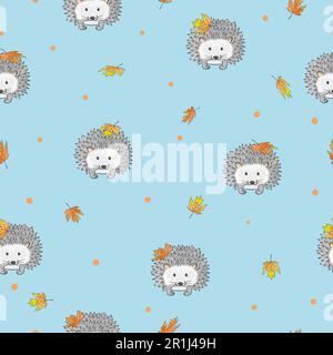 Cute hedgehogs seamless pattern. Autumn forest animals with fruits ...