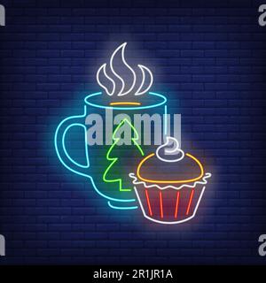 Christmas mug and muffin neon sign. Coffee, drink, break. Night bright ...