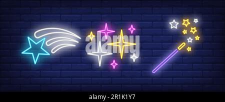Magic wand and flying stars neon signs set Stock Vector Image & Art - Alamy