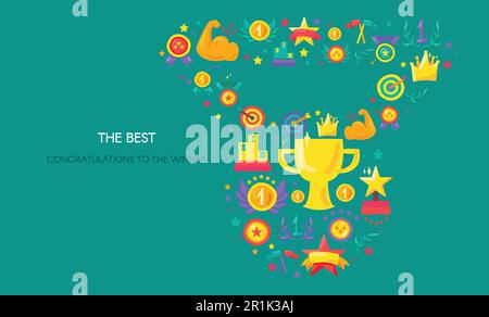 Victory, win vector flat banner. Medal shape with hand drawn sport ...