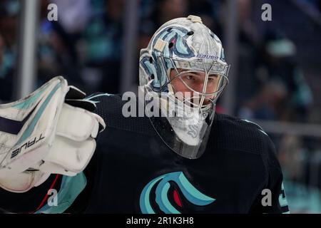 Seattle Kraken goaltender Philipp Grubauer (31) makes a save on a shot ...