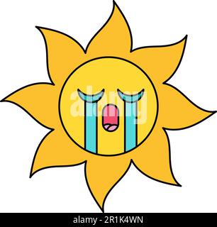 Teary sun emoticon outline illustration. Melancholy, teardrop emoji ...