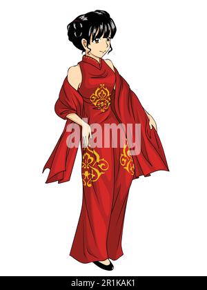 Girl in Chinese national costume standing front side, vector outline ...