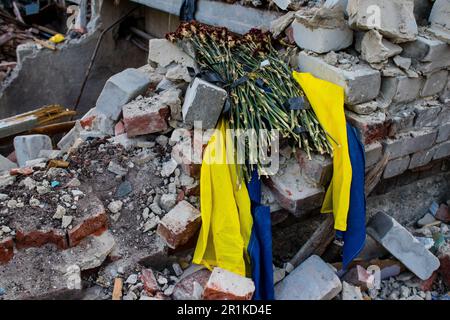 Rubble of building located at the city of Kostiantynivka, Russian army ...