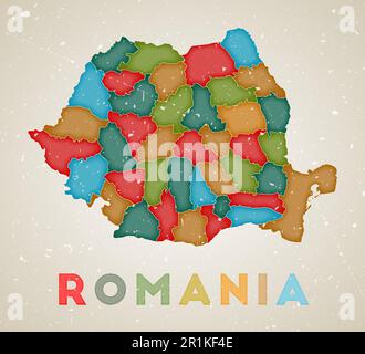 Romania map. Country poster with regions. Old grunge texture. Shape of ...
