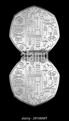Close-up of a 2020 British 50 pence coin featuring an inscription ...