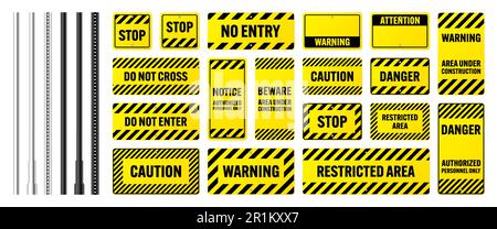 Warning, danger signs, attention banners with metal poles. Yellow ...