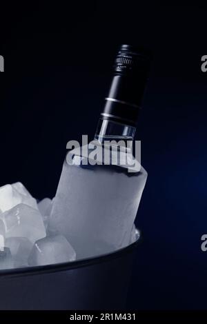Bottle of vodka in metal bucket with ice on dark background Stock Photo ...