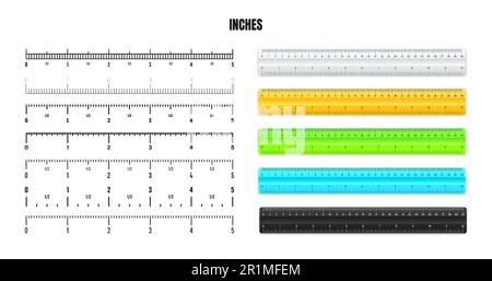 Realistic plastic rulers with black inch scale for measuring length or ...