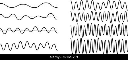 Sinusoid signals set. Black curve sound waves with different frequency ...