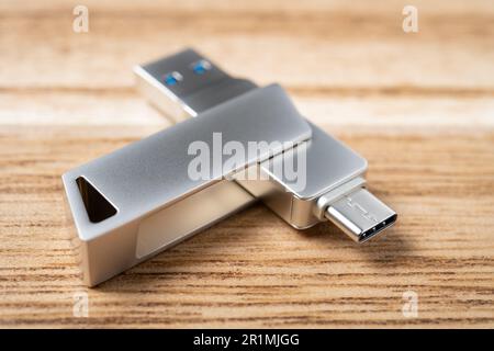 angle view multi-sockets USB flash disk on a wood background Stock ...