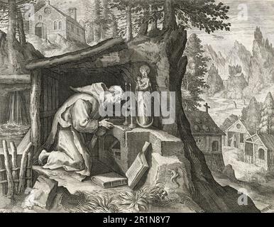 Saint Bruno of Cologne, founder of the Carthusian order, holding a ...