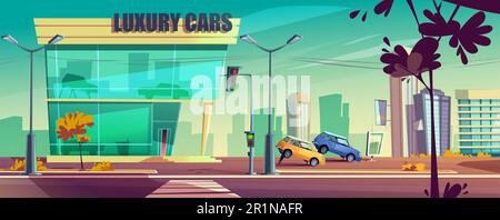 Car showroom with automobiles on stand on city street. Vector cartoon ...