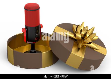 Gift boxes with microphone, ribbon and bow isolated on white background ...