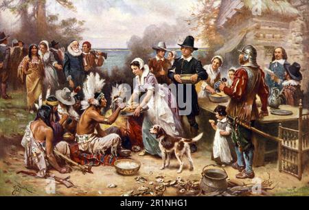 The first Thanksgiving 1621 - Pilgrims and Natives gather to share meal ...