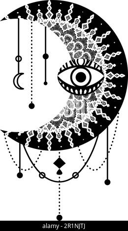 Crescent moon eye contour symbol. Boho spiritual ethnic amulet ...