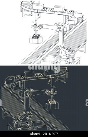 Automation conveyor factory line with robotic hands horizontal banners vector set. Automation ...