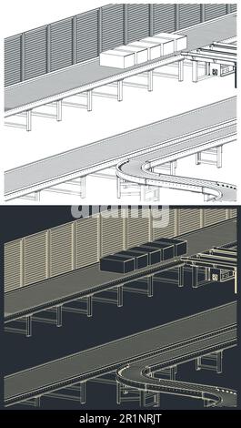 Stylized vector illustrations of automated conveyor lines for factory ...