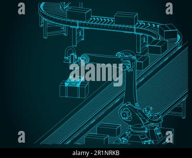 Stylized vector illustration of robotic factory conveyor line Stock ...