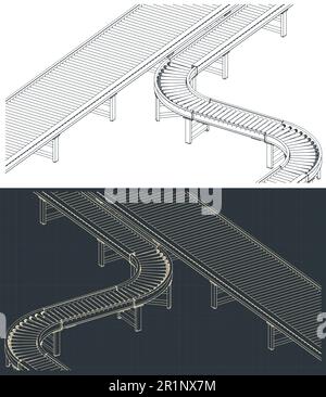 Stylized vector illustrations of automated conveyor lines for ...