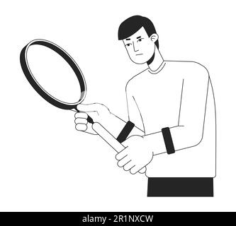 Doubtful caucasian young man holding loupe flat line color vector ...