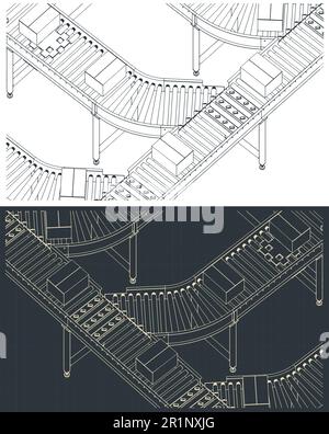 Stylized vector illustrations of automated conveyor lines for ...