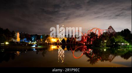 Roller coasters of Parc Asterix, a theme park near Paris in France ...