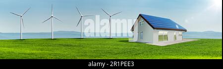 Wind turbines and solar cells on a house roof in a green meadow Stock ...