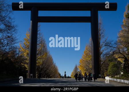 Mothers and kindergarten children walk under the large iron torii gate ...