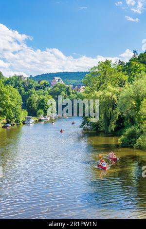 Nassau (Lahn): river Lahn, canoe paddler, boats, half-timbered houses ...