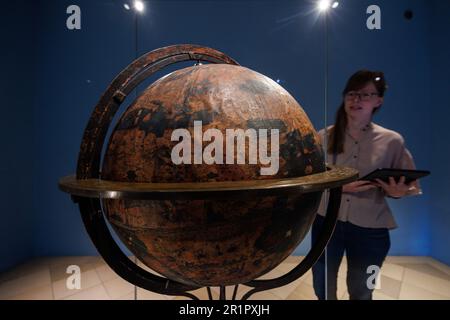 Nuremberg, Germany. 15th May, 2023. The "Behaim globe" from 1492 is ...