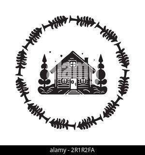 Wooden log cabin in scandi linocut style vector illustration. Alpine ...