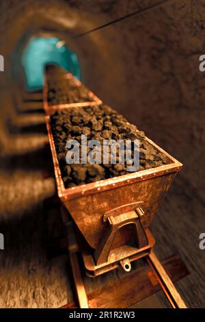Seven old mine wagons or carts full of coal slowly moving through the ...