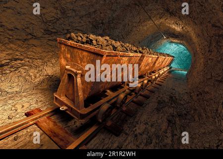 Seven old mine wagons or carts full of coal slowly moving through the ...