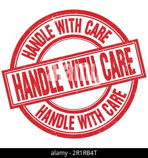 HANDLE WITH CARE text written on green-black grungy lines stamp sign ...