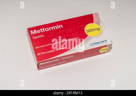 A photo of a box of Metformin 500Mg tablets, an antihyperglycemic agent ...