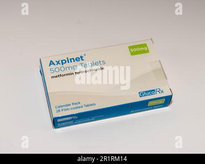 A photo of a box of Metformin 500Mg tablets, an antihyperglycemic agent ...